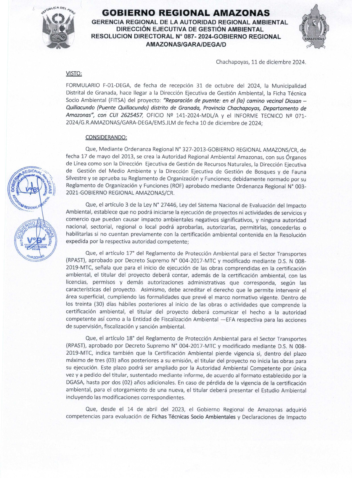 RESOLUCION DIRECTORAL N° 087-2024 GOBIERNO REGIONAL AMAZONAS | SINIA